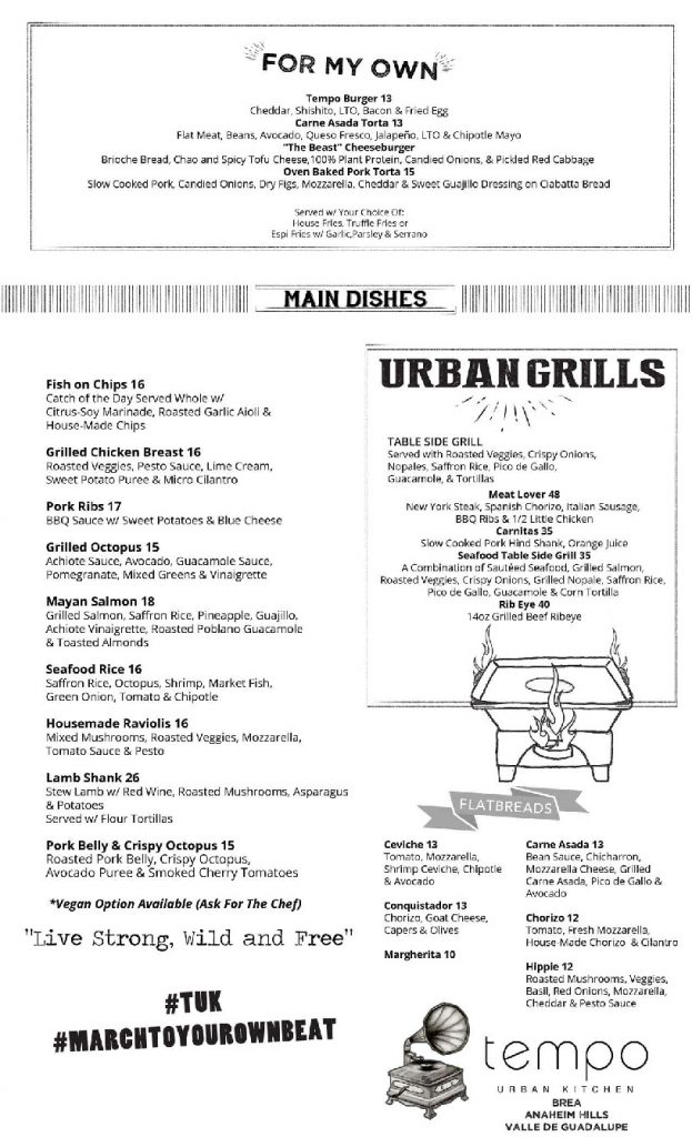 Tempo Menu | OC Restaurant Guides