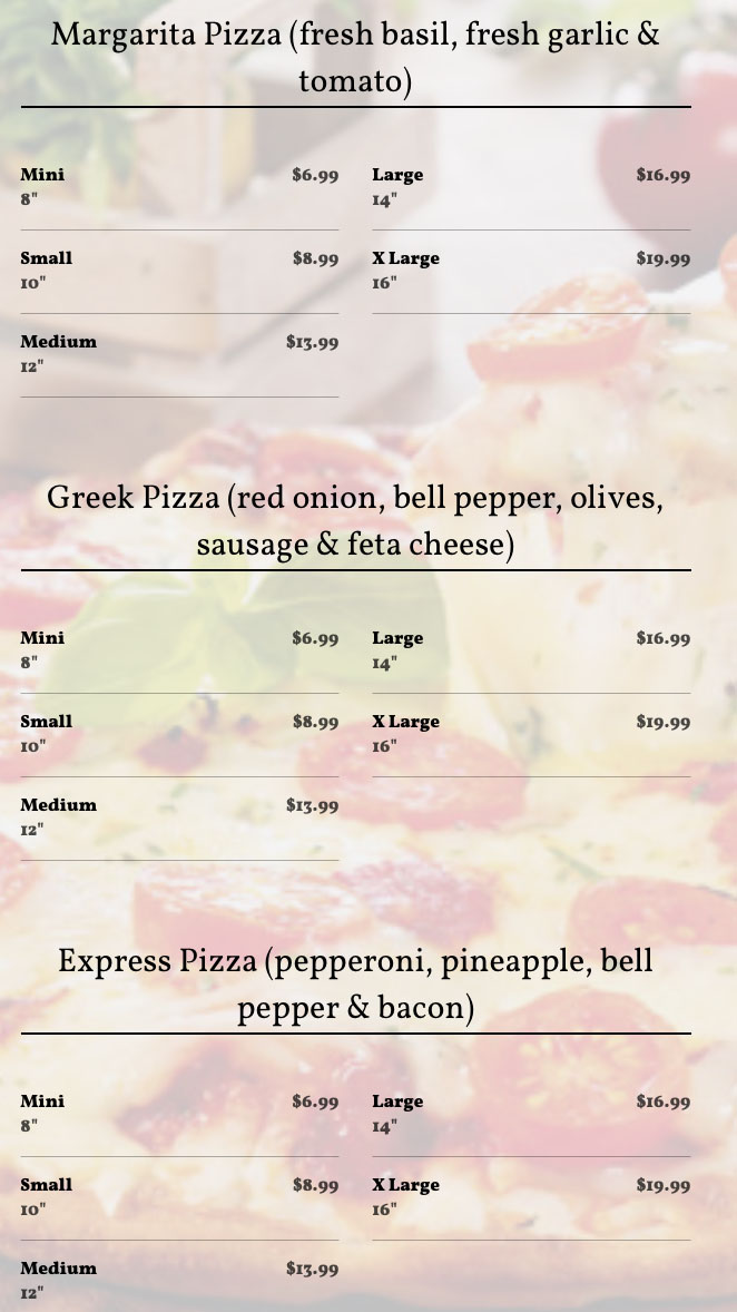 Pizza Express Menu | OC Restaurant Guides