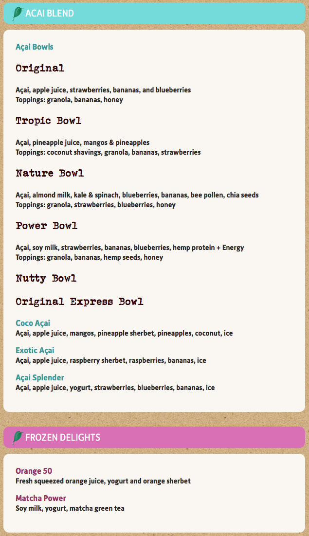 Nature’s Juice Menu | OC Restaurant Guides