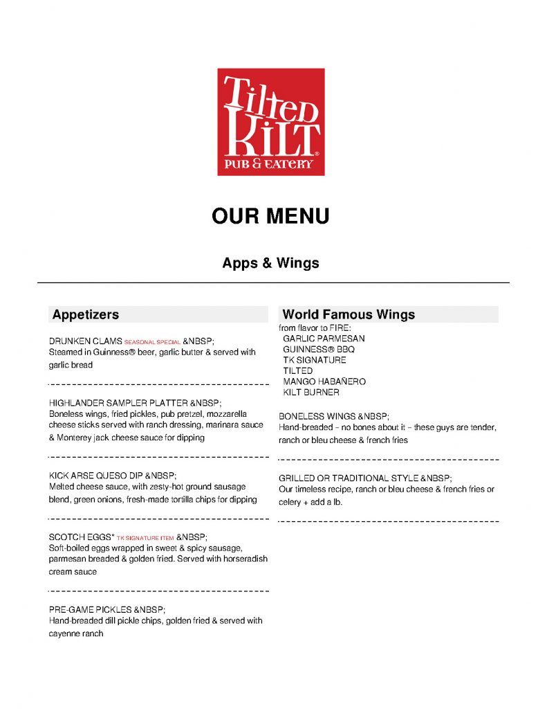 Tilted Kilt Menu | OC Restaurant Guides