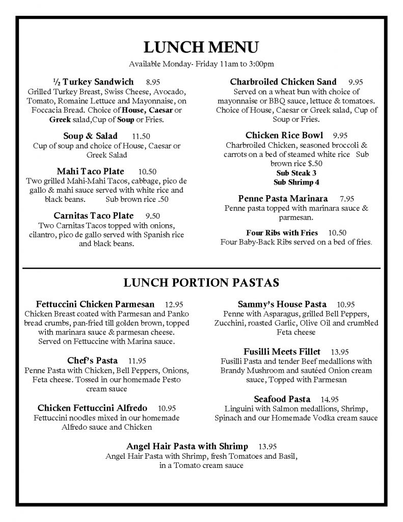 Sammy’s Bar & Grill Menu | OC Restaurant Guides