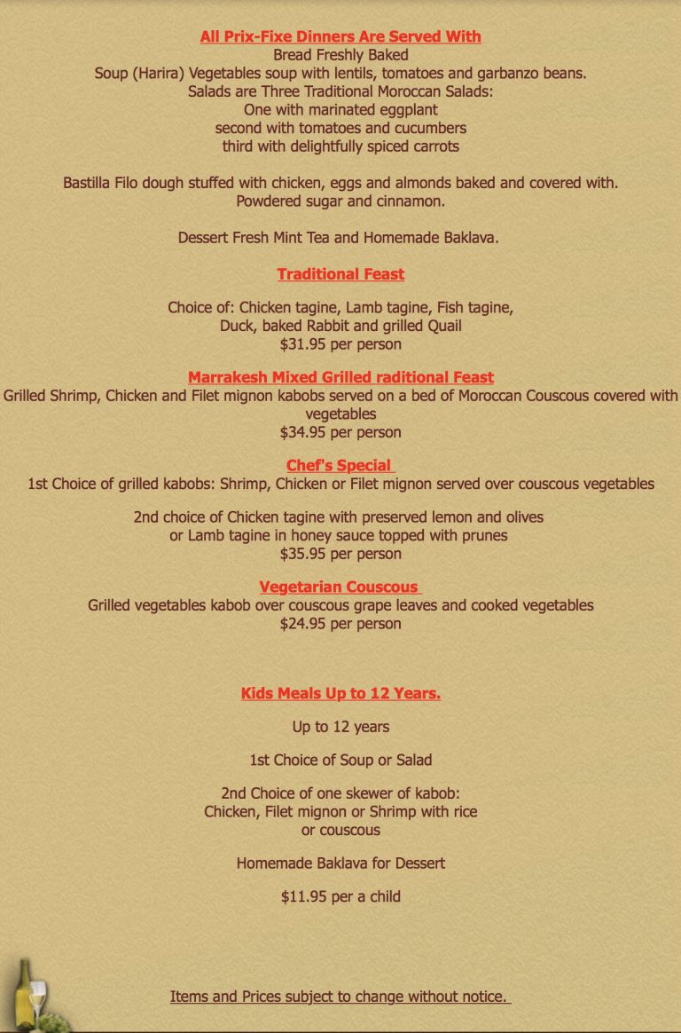 Marrakesh Menu | OC Restaurant Guides