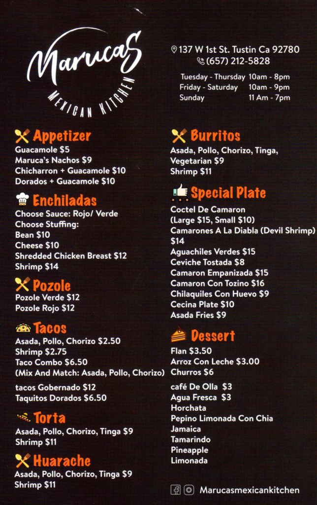 Marucas Menu | OC Restaurant Guides