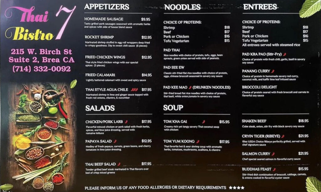 Thai 7 Bistro Menu | OC Restaurant Guides